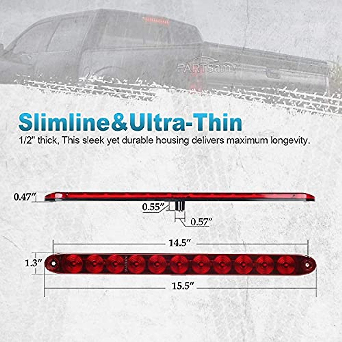 Partsam 10Pcs Red 15 Inch 11 LED Trailer Tail Light Bar Sealed Stop Turn Tail Park Third 3rd Brake Light Bar Trailer Center Light Bar for 80" or Wider Trailers DOT Certified and IP67 Submersible