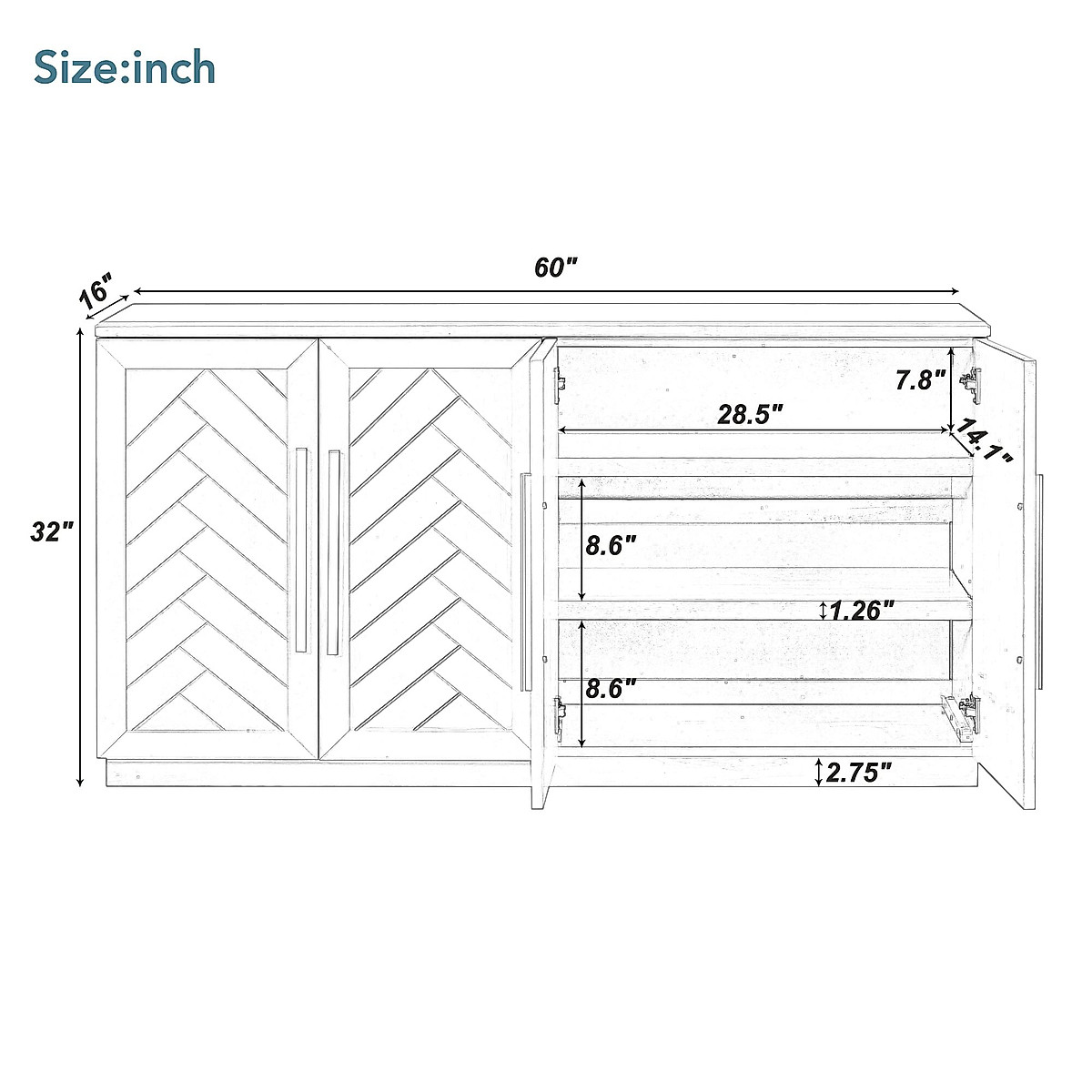 GLANZEND Modern Sideboard with 4 Doors Large Storage Space, Buffet Cabinet with Shelves and Silver Handles, Console Sofa Table for Entryway/Hallway/Living Room, Antique Blue