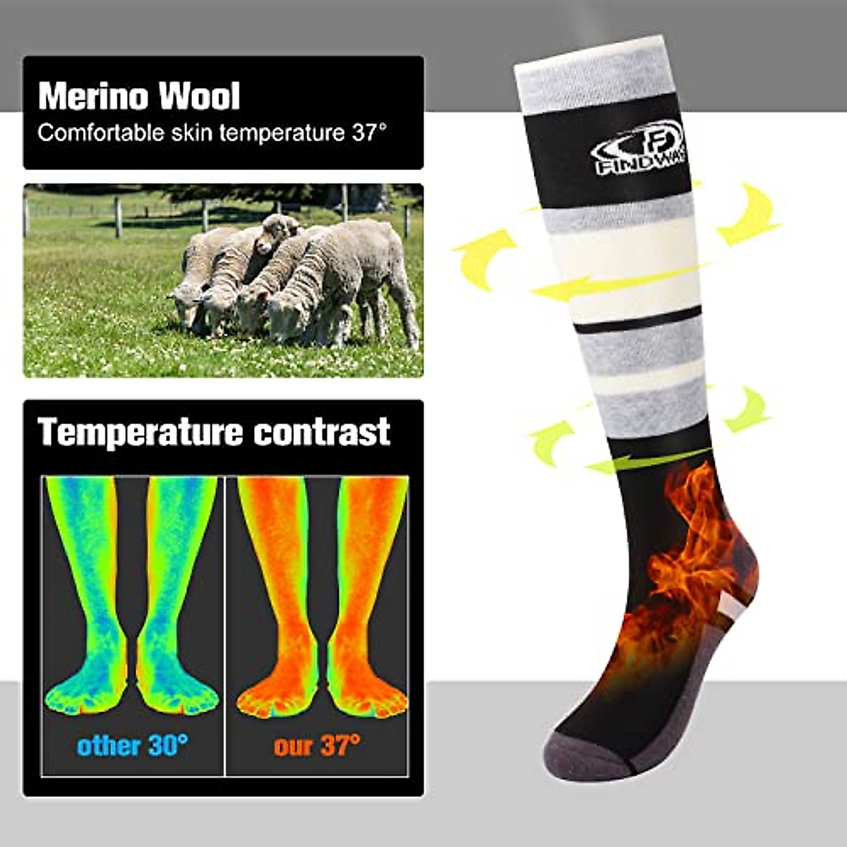 findway Merino Wool Ski Socks, 2/3 Pack Cold Weather Socks for Men Women, Thermal Knee high Warm Socks for Snowboarding