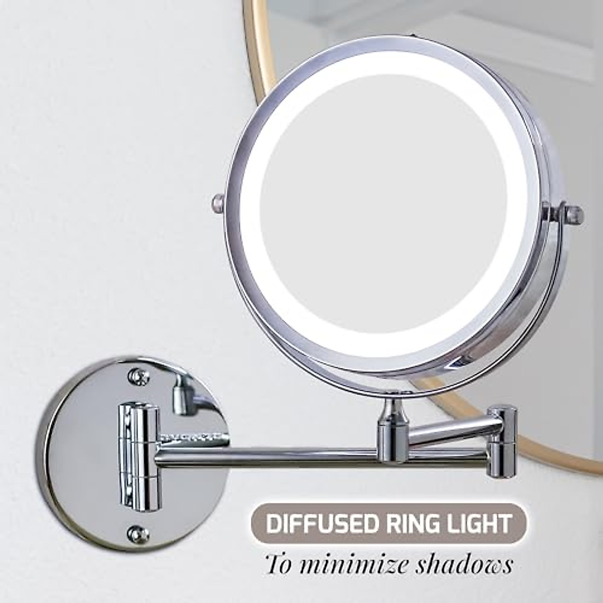 OVENTE 7" Lighted Wall Mount Makeup Mirror with 1X/10X Magnification, Cordless Double Sided Magnifying Round Vanity Mirror, 360° Swivel Design, Extendable and Folding Arm, Polished Chrome MFW70CH1X10X