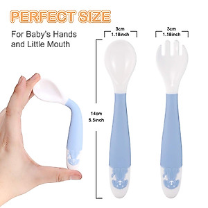 Baby Toddler Forks and Spoons for self-Feeding - Kids and Infant Training Cutlery Utensils Set, Babies First Self Feeding Learning Tableware Easy Grip Bendable with Travel Safe Case (Blue)
