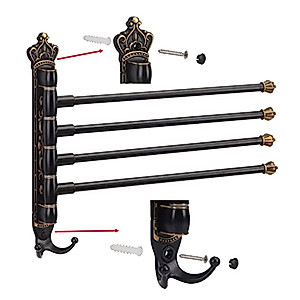 SDH Towel Rack 4-Arms Aluminum Wall Mounted Hand Towel Holder with Hooks 180° Swivel Rotation Space Saving Vintage Theme Design Towel bar for Kitchen & Bathroom Storage