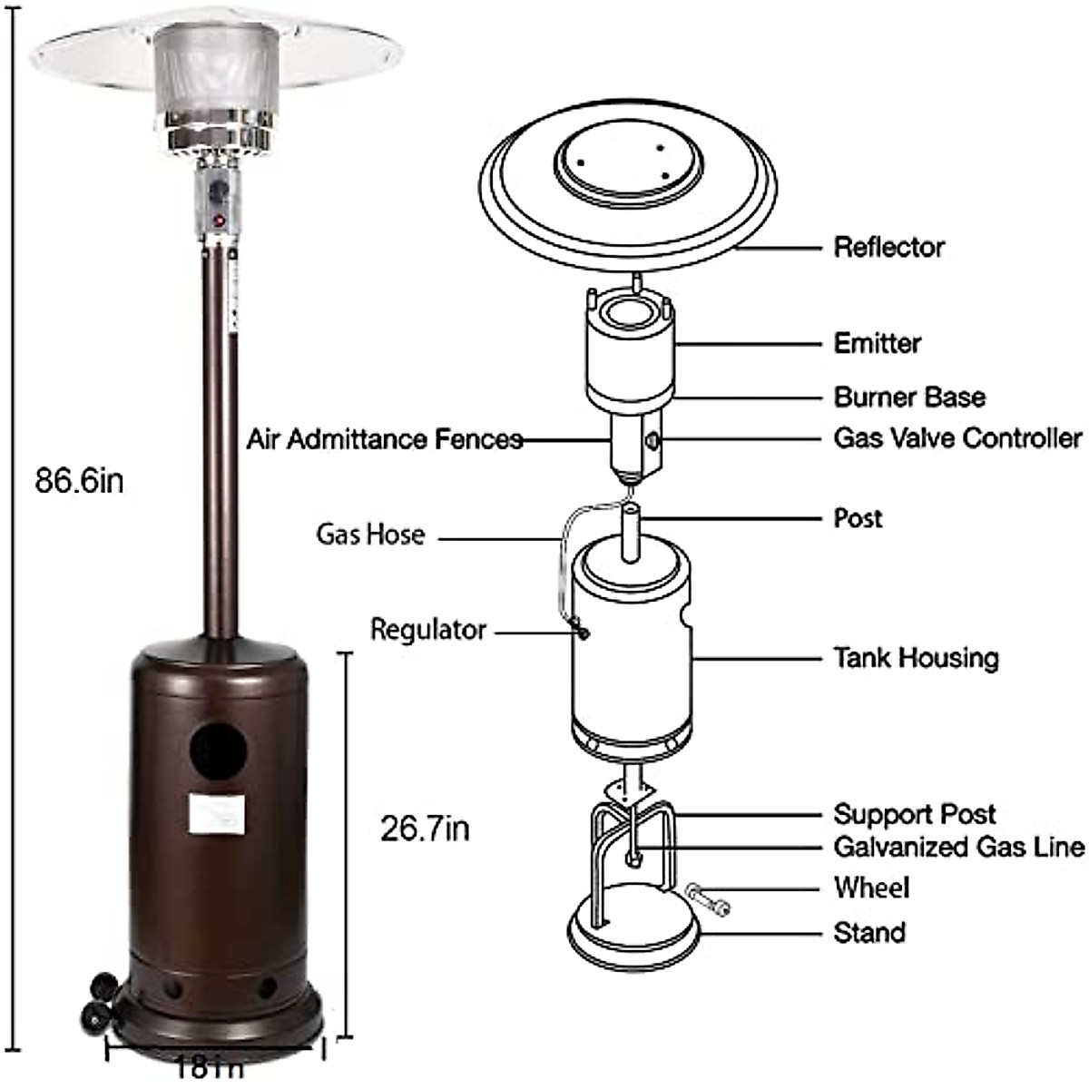 SOARRUCY Outdoor Heaters for Patio Propane - Patio Heater with Cover with Wheels,48000 Btu Stainless Steel Propane Heater for Garden,Party