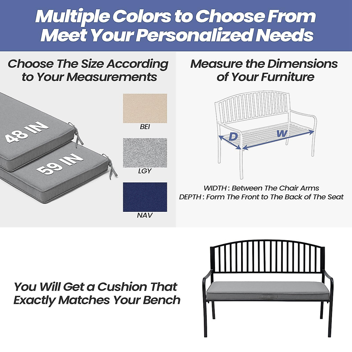 Crestlive Products Outdoor Bench Cushion 48x18 Inches, Patio Furniture Pads with Ties Water Resistant Fabric Durable Thicken Memory Foam for Loveseat Couch Porch Swing, Light Gray