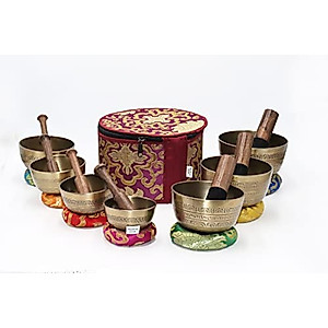 SANSKAR NEPAL Tibetan High Sided Singing Bowl Set in a Purple Carry Box for Meditation, Yoga, Relaxation (7 Sets with diameter ranging 3" - 5")