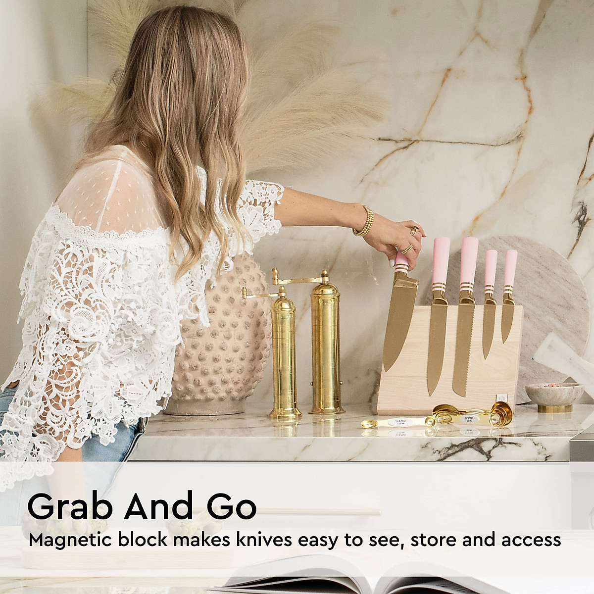 Pink Knife Set with Magnetic Knife Block - 6 PC Pink and Gold Knife Set with Block Includes Pink Kitchen Knife Set & Ashwood Magnetic Knife Holder - Pink Kitchen Accessories