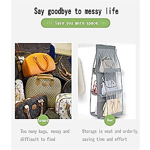 Dosurgorn Double-Sided Six-Layer Hanging Storage Bag, 6 Pockets Hanging Closet Storage Bag, High Capacity Transparent Collapsible Non-Woven Hanging Handbag Storage Hanging Bag, 90CM*35CM*32CM (Gray)