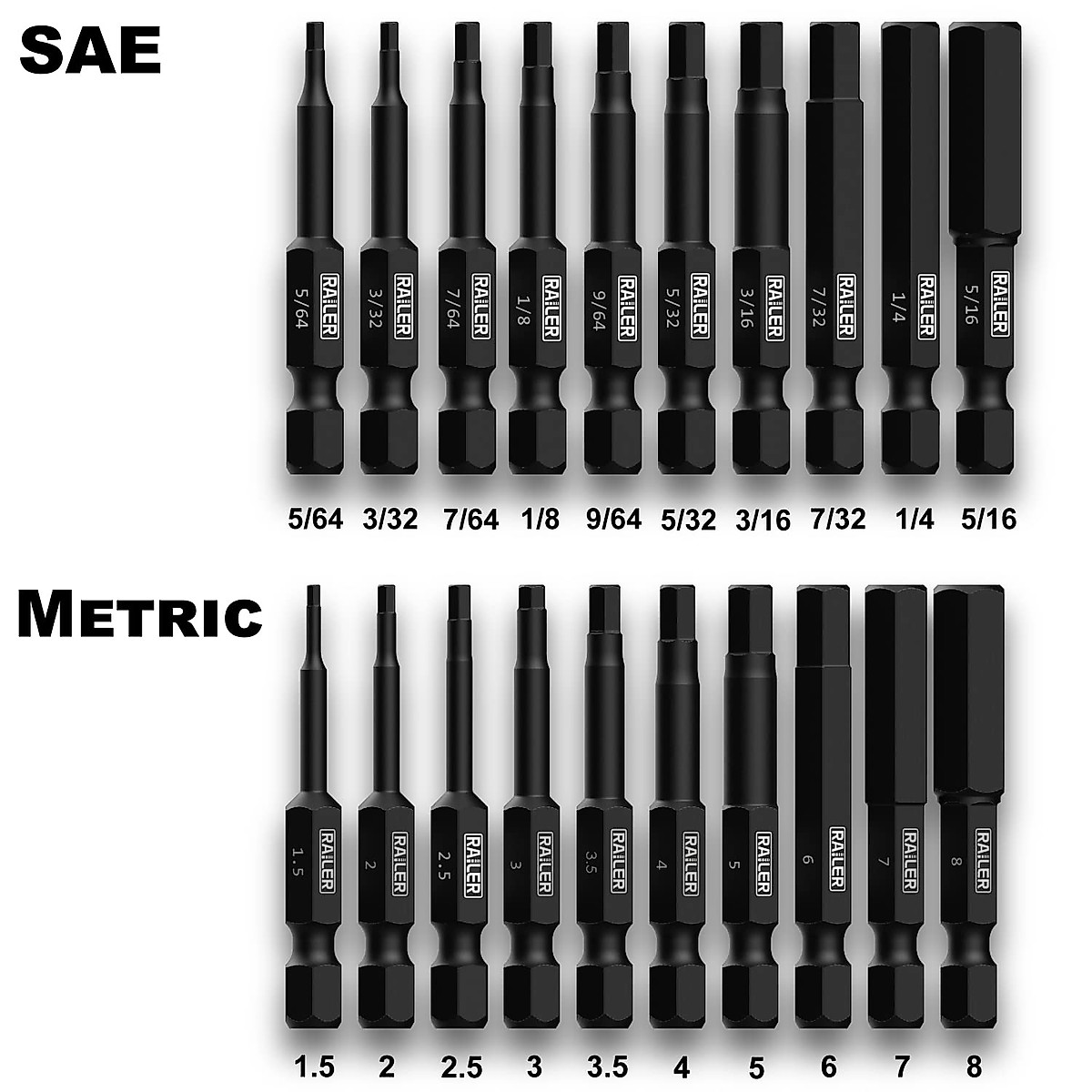 Hex Bit Set, Railer 20-PC Hex Head Allen Wrench Screwdriver SAE & MM Hex Bit Set. S2 Steel Impact Driver 2" Hex Bits for Furniture Screws