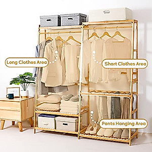 Homde Bamboo Clothes Rack Heavy Duty Garment Racks for Hanging Clothes, Max Load 440lbs, Freestanding Clothing Rack Closet with 6 Shelves, 67" H*61" W*15.74" D