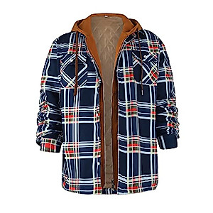 RTRDE Jackets For Men, Men's Quilted Lined Plaid Shirt Jackets With Hood Zipper Coats Outwear Shirt Men Shacket Heavyweight Shirt Jacket Tall Jackets Chamarra Para Hombre El Frio Fleece (XL, Navy)