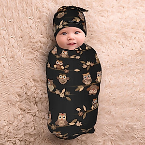 Qwalnely Swaddling Blanket for Baby, Sleeping Sacks, Unisex Baby Stuff with Hat, Black, Owl