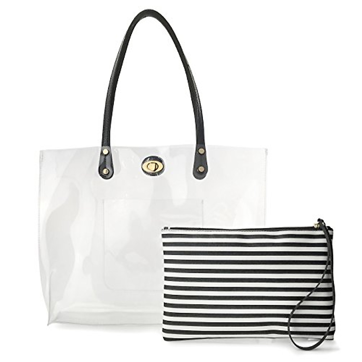 PVC Clear Womens Tote With Striped Zipper Clutch Weekender Shoulder Handbag (Black&White Stripes) Medium