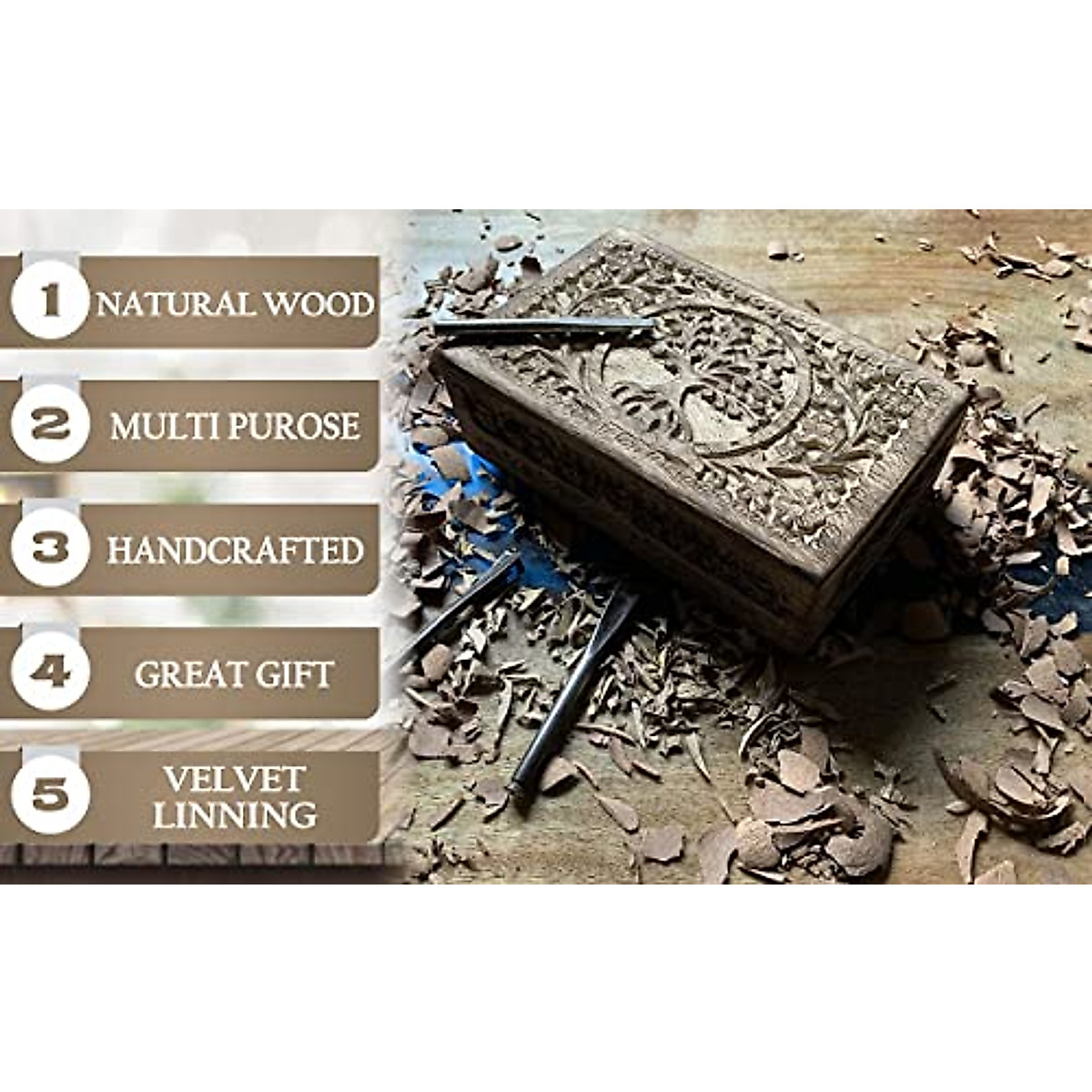 DharmaObjects Hand Carved Tree of Life Wooden Box Keepsake Storage Multi Utility