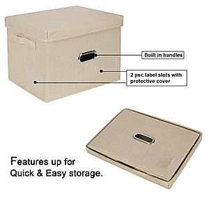 Foldable Storage Boxes with Lids Linen Fabric Collapsible Clothing Bin Organizer Baskets Containers with Carry Handles Transparent Slot Design for Home Bedroom Office Kids Room (Khaki, 3 Pack)