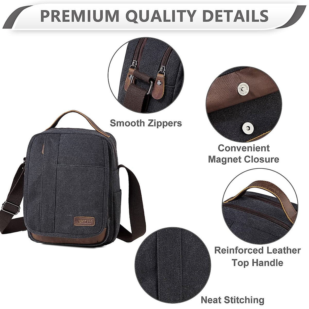 VASCHY Messenger Bag Small, Leather Canvas Water Resistant Crossbody Shoulder Bag Purse for Men and Women Dark Gray
