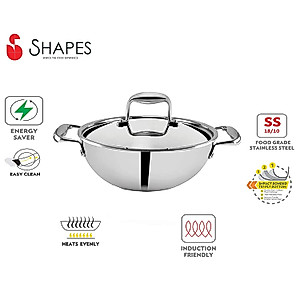 Shapes Stainless Steel Cookware Tri-Ply Wok with Lid, Multipurpose Pan, Capacity - 4 Quart, Silver - Use for Home, Kitchen and Restaurant - Easy to Clean and Dishwasher Safe