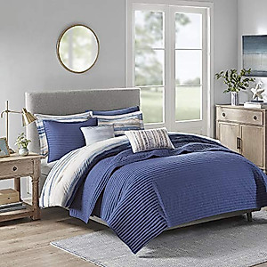 Madison Park Marina Comforter Quilt Combo Set - Modern Luxury Design, All Season Down Alternative Bedding, Matching Shams, Decorative Pillows, King/Cal King(104"x92") Seersucker Blue 8 Piece