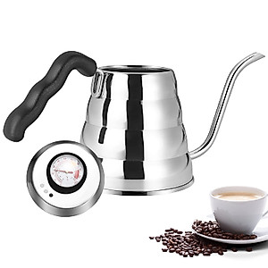 MAXCOOK Tea Kettle Gooseneck Pour Over Coffee Kettle, 304 Stainless Steel Kettle with Thermometer for Exact Temperature, Precision Pour Drip Spout, Compatible with all Stovetops 1L/34oz