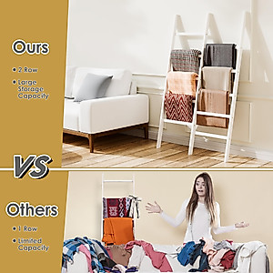 Daflymaco Blanket Ladder for Living Room - 10-Tier Bamboo Wood Blanket Ladder Quilt Ladder Rack Modern Decor Wall Leaning Ladder for Blankets Easy Assembly Blanket Holder for Home Bathroom White