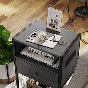 LDTTCUK Nightstand with Charging Station, Modern End Table with Drawer, Bedside Table with Open Storage for Bedroom, Grey