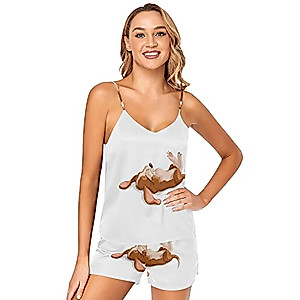 Boxer Dog Face Heads Seamless on White Grey Women's 2 PCs Pajamas Set, PJ Satin Silk Camisole Lingerie Sleepwear, Sleeveless Nightwear Silky Shorts Loungewear(XXL)