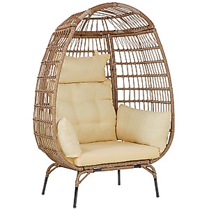 Egg Chair Egg Basket Lounge Chair Rattan Chair Steel Frame Oversized Indoor Outdoor Lounger Simple Installation with 4 Comfort Cushion and Stand,352lb Capacity for Patio Garden Living Room,White