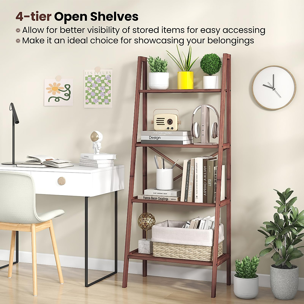 Tangkula 4-Tier Bamboo Ladder Bookshelf, Rustic Bookcase, Floor Standing Shelving Unit, Book Shelf Storage Organizer, Display Rack for Living Room, Kitchen, Bedroom, Office (1, Walnut)