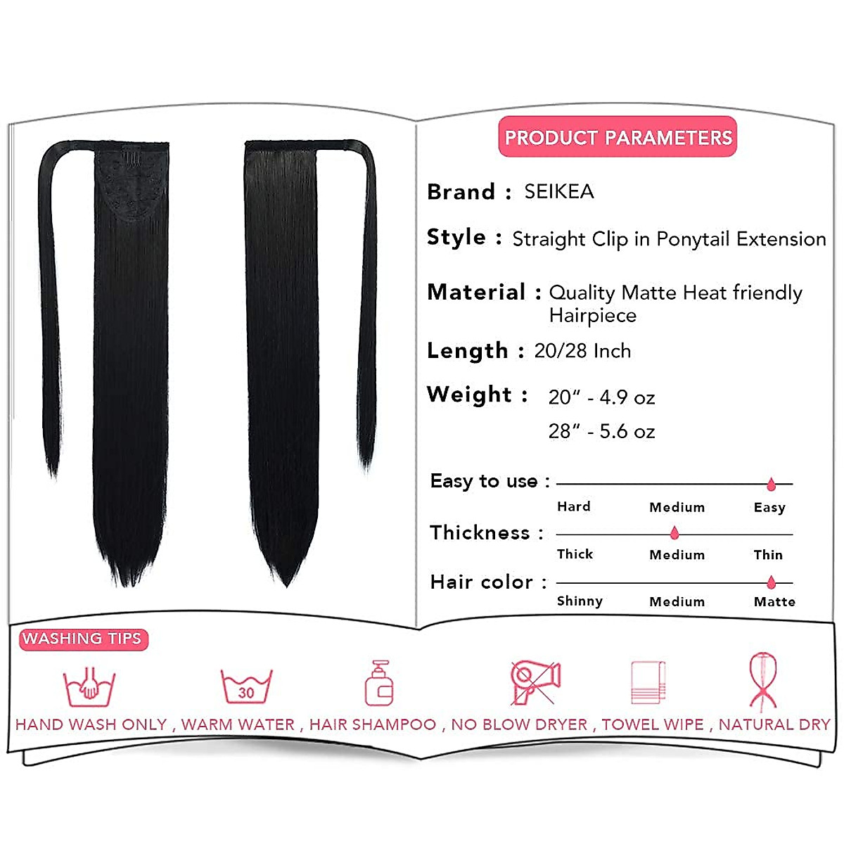 SEIKEA Clip in Ponytail Extension Wrap Around Long Straight Pony Tail Hair 28 Inch Synthetic Hairpiece - Black