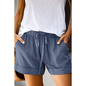 QACOHU Womens Summer Shorts Comfy Drawstring Casual Elastic Waist Pocketed Shorts Dusty Blue XL Women Linen Pants