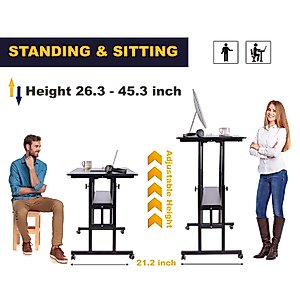 AIZ Mobile Standing Desk, Adjustable Computer Desk Rolling Laptop Cart on Wheels Home Office Computer Workstation, Portable Laptop Stand Tall Table for Standing or Sitting, Black 31.5" x 19.7"