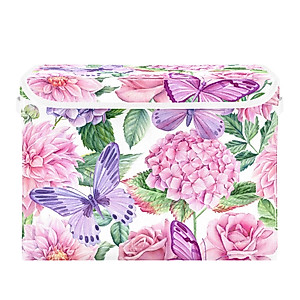 MFTJYO Storage Bin with Lid Purple Hydrangea Pink Roses Foldable Storage Box Washable Fabric Storage Cubes Bin Organizer Basket Closet for Home Bedroom Closet Nursery Office