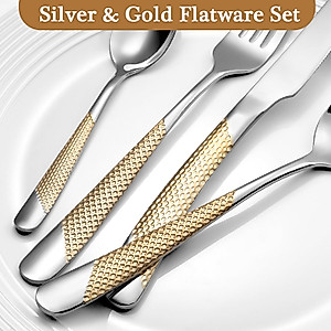 24 Piece Gold Hammered Silverware Set for 6, Premium Food-grade Stainless Steel Flatware Set, Luxury Design & Mirror Polished Cutlery Set, Eating Utensil Set with Fork Knife Spoon, Dishwasher Safe