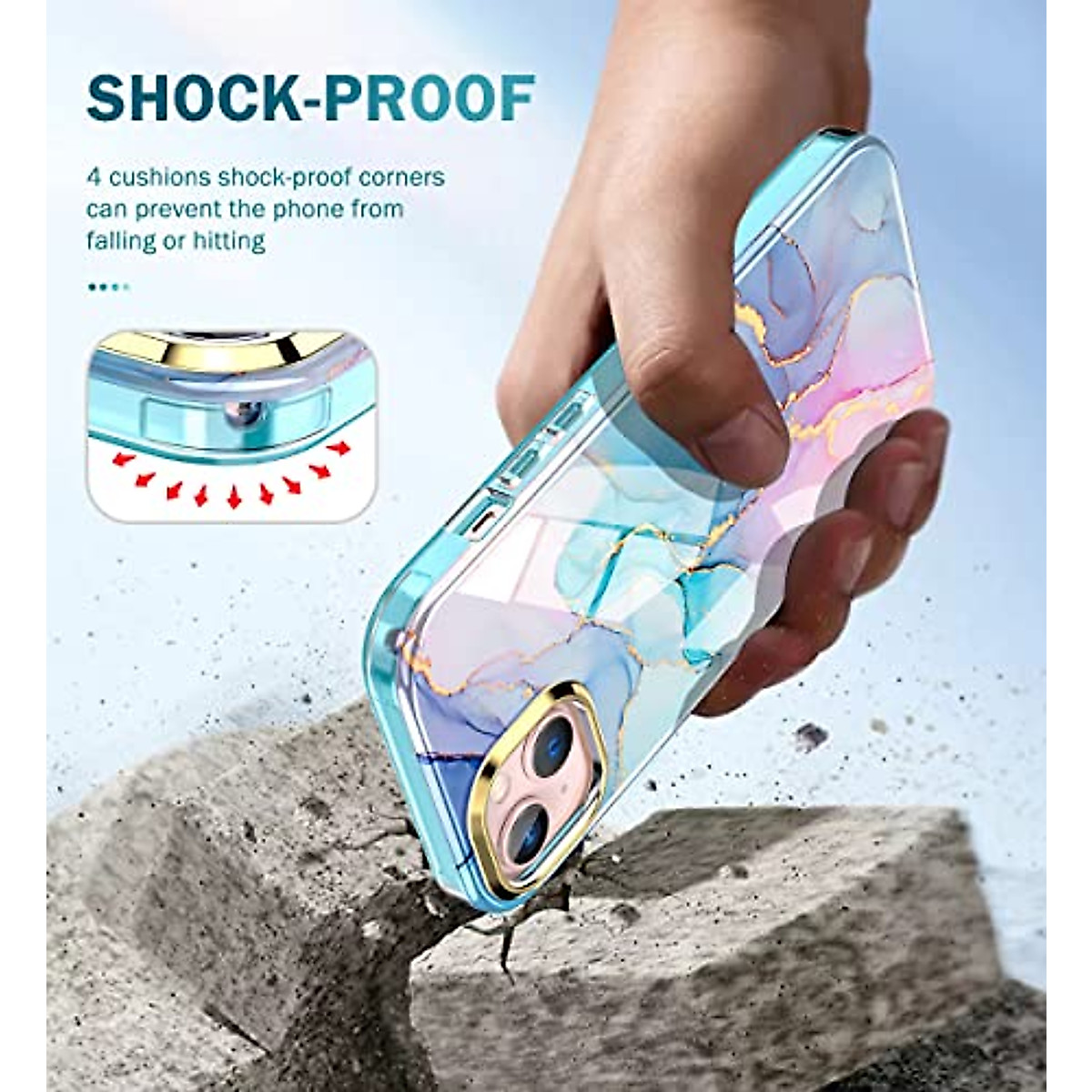 Turquiase Compatible for iPhone 14 Plus Case 6.7 inch (2022 Release), Slim Full-Body Stylish Shockproof Protective Rugged TPU Case with Built-in Screen Protector（Marble）