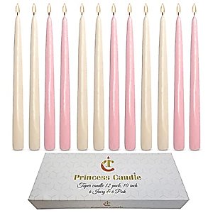 Princess 12 Pack Tall Taper Candles - 10 Inch 6 Ivory, 6 Pink Dripless, Unscented Tapered Candle - Paraffin Wax with Cotton Wicks - 7.5 Hour Burning time