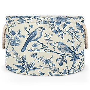 Xosoxruk Blue Birds Branches Round Storage Basket, Collapsible Circle Storage Bin with Rope Handle, Toy Blanket Storage Organizer Decor for Living Room Laundry Room