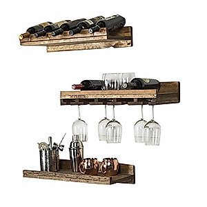 Rustic Handmade Wall Mounted 24" Three Tiered Solid Wood Wine Bottle & Stemware Shelves Complete Set of 3 (Dark Walnut)