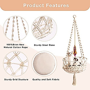 MEWOOFUN Hanging Macrame Cat Hammock Bed, Cat Swing Bed Space Saving Window Perch with Washed Cotton Mat & Funny Cat Toy for Indoor Cats