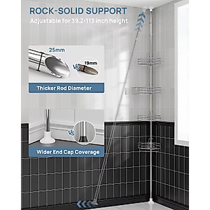 SEIRIONE Corner Shower Caddy Tension Pole, Adjustable Shower Organizer Corner with 4 Shelves, No Drilling Shower Shelf for Inside Shower, Shower Rack for Shower Storage,39.2 to 113 Inch Height, Silver
