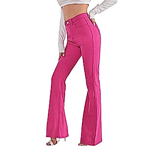 SweatyRocks Women's Casual Denim Pants Heart Print High Waist Stretchy Bell Bottom Flared Jeans Hot Pink S