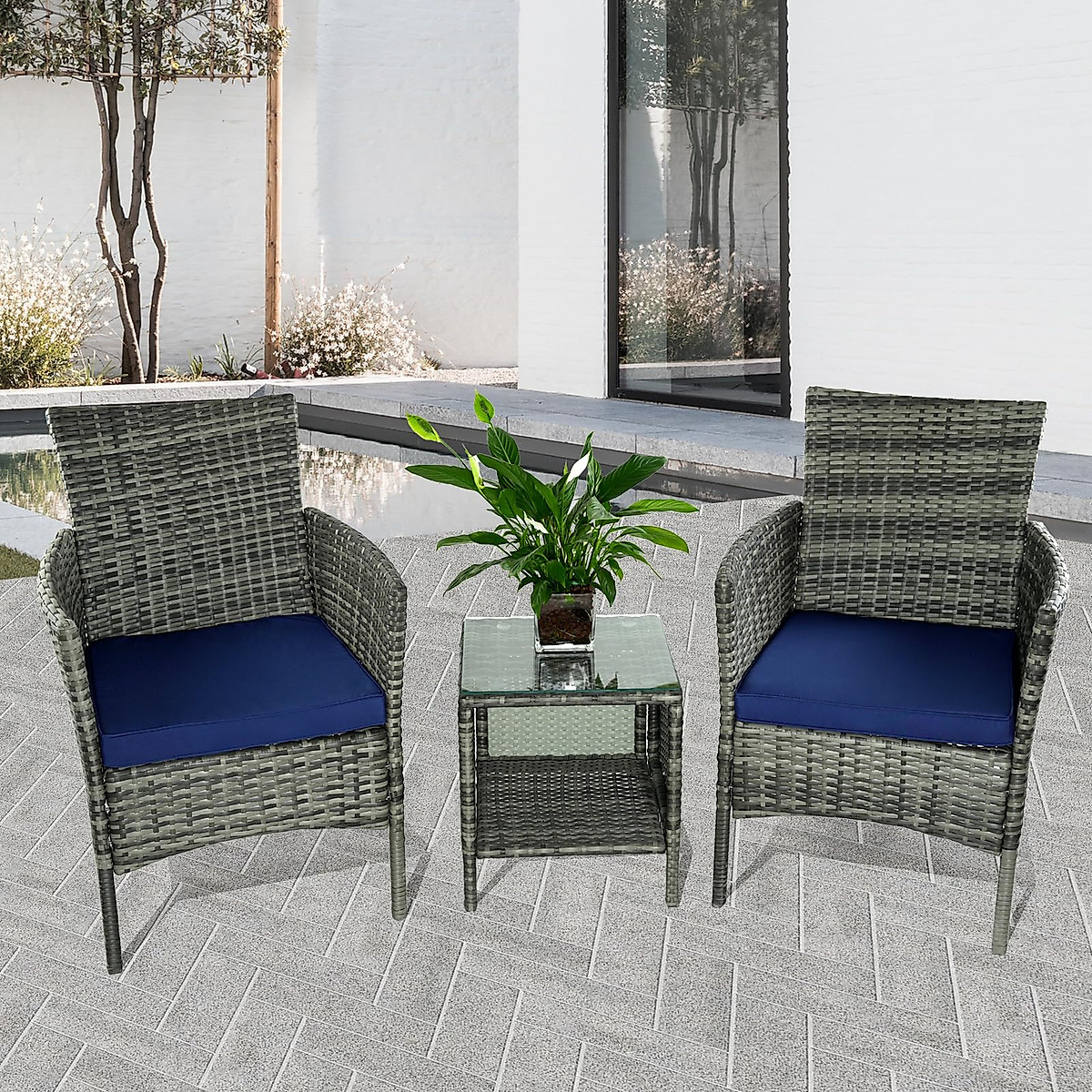 JRBIAOGE Patio Conversation Furniture 3-Piece Set PE Rattan Wicker Chair with Table Suitable for Patio, Poolside, Lawn and Other Outdoor Occasions (Grey+Dark Blue)