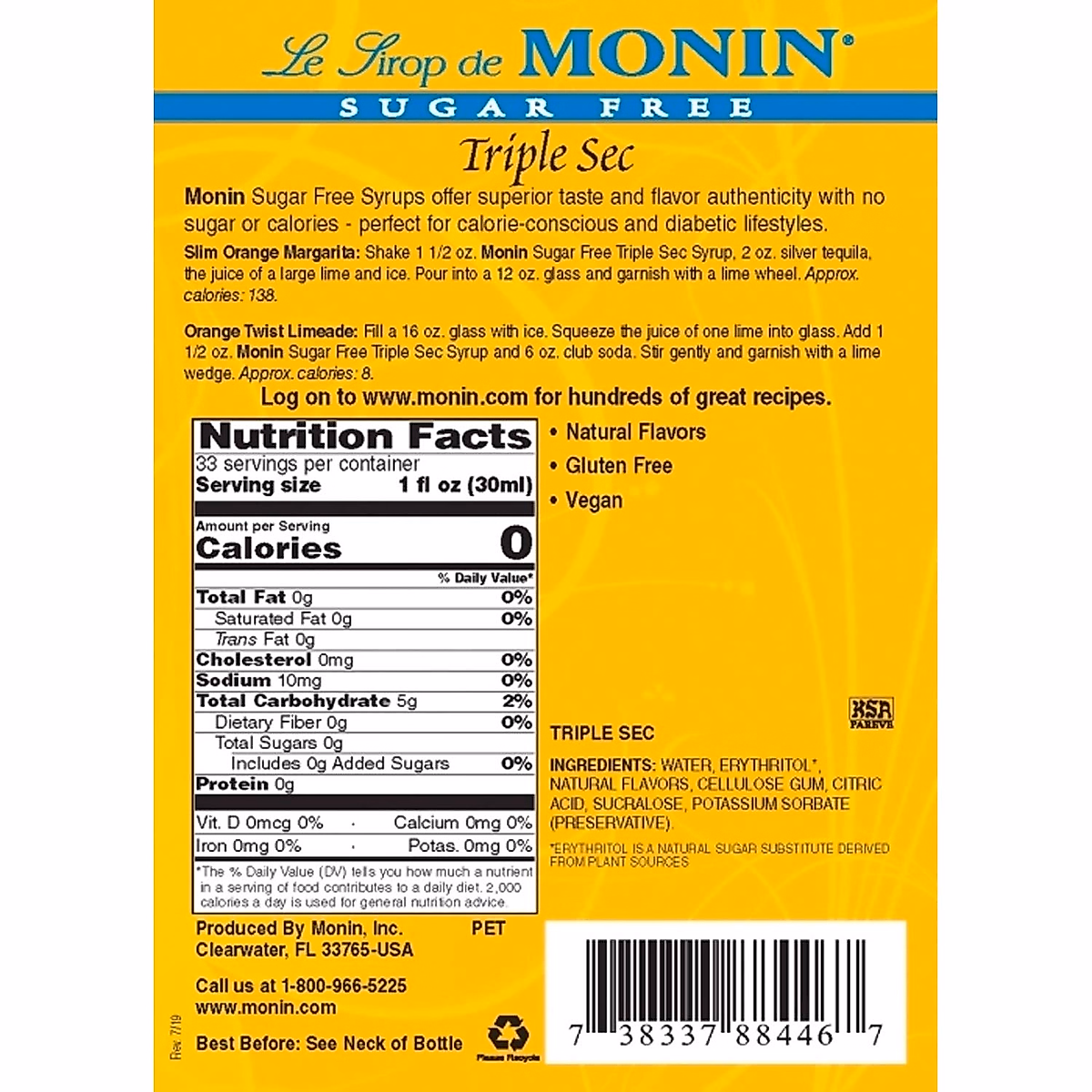 Monin - Sugar Free Triple Sec Syrup, Sweet Orange Flavor, Great for Cocktails, Mocktails, & Mochas, Gluten-Free, Non-GMO (1 Liter)