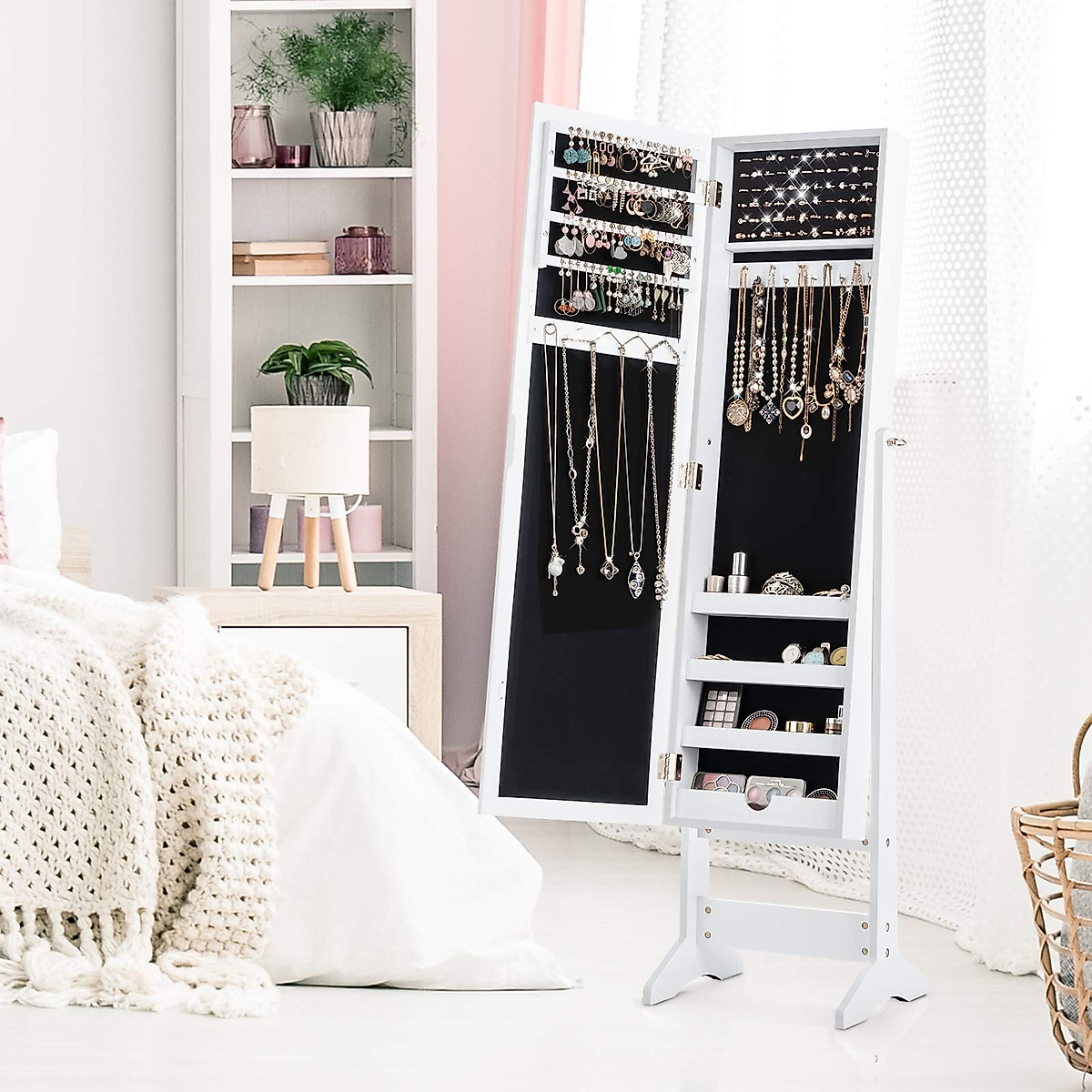 Giantex Jewelry Cabinet with Full-Length Mirror, Standing Jewelry Armoire Organizer with 64 Earring Slots, 72 Ring Slots, 20 Necklace Hooks, 4 Storage Shelves, 3 Angle Adjustable (White)