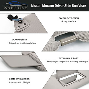 Nakuuly Left Driver Side Sun Visor with Light Compatible with 2009 2010 2011 2012 2013 2014 Nissan Murano Gray Sunvisor Replaces # 96401-1AA1B