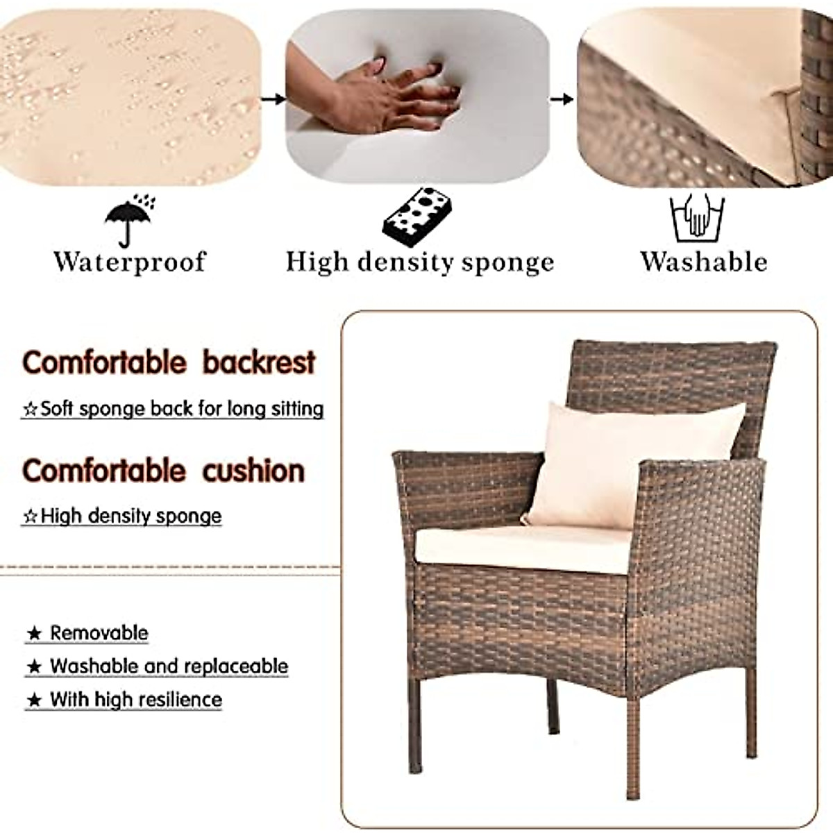 Tappio 3 Pieces Patio Furniture Set Outdoor Bistro Sets All Weather Patio Conversation Sets PE Rattan Wicker Chairs with Cushions and Pillows Beige