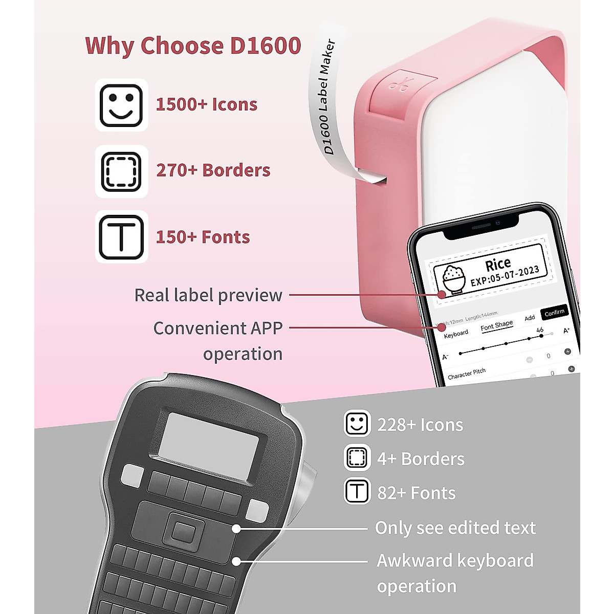 Vixic D1600 Bluetooth Label Maker (Comes with 4 Color Label Tapes) Bundle 6 Color Standard Label Tapes, 12mm (1/2 Inch), Compatible D1600 Label Maker