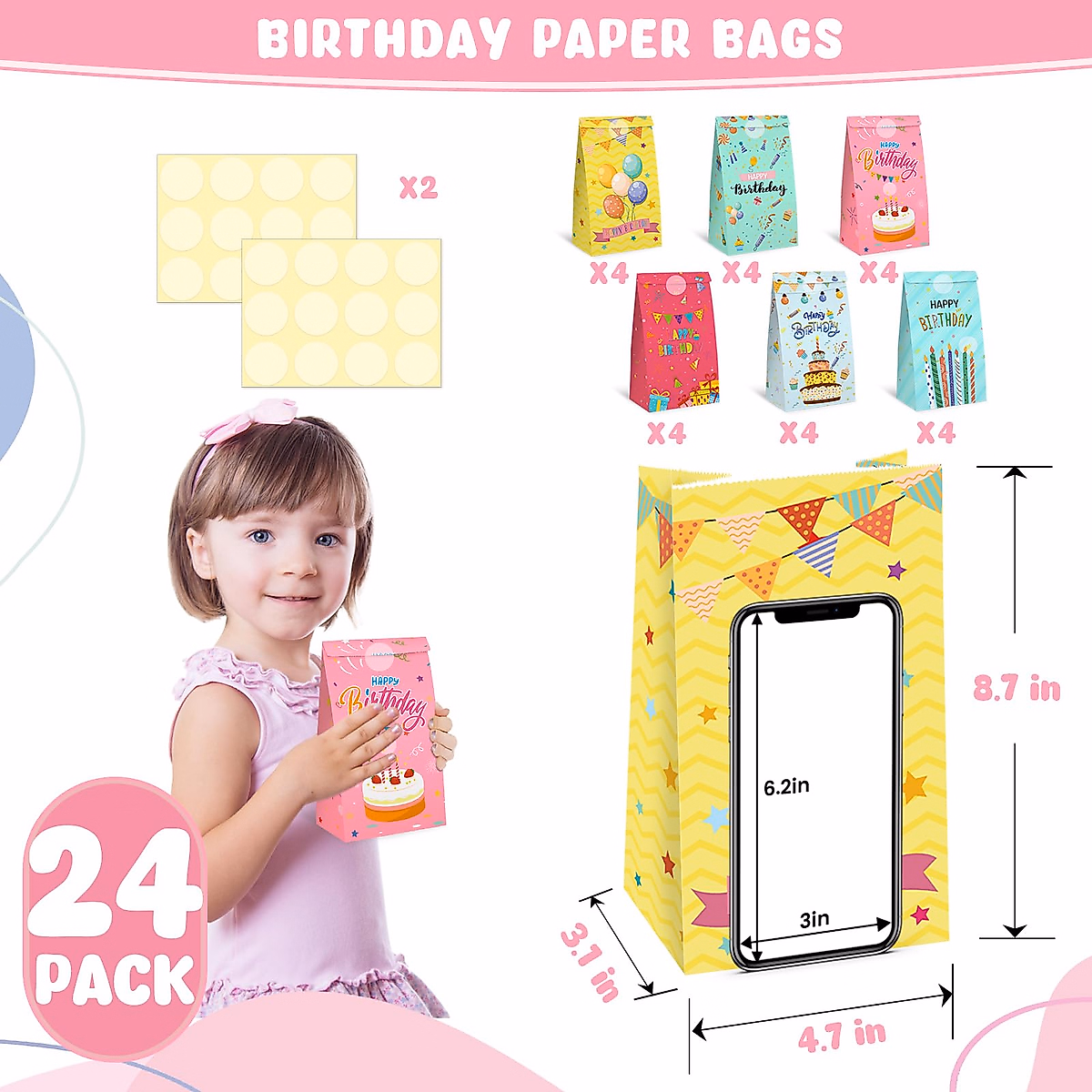 VGOODALL 24PCS Happy Birthday Party Favor Bags, Birthday Theme Goodie Bags Gift Bags Treat Bags for Kids Birthday Party