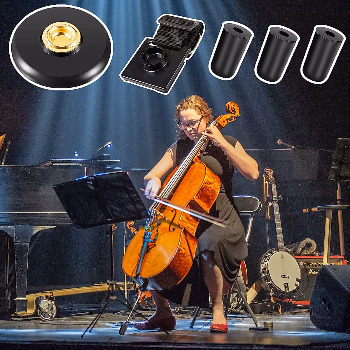 OBTANIM 5 Pcs Cello Endpin Anchor Stopper Include Cello Adjustable Strap Rest Cello Endpin Non Slip Stand Holder 3 Pcs Rubber Tip Floor Protector for Cello Bass Performance Accessories