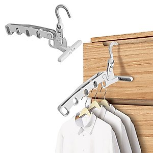 2pcs Folding Clothes Hanger, Portable Folding Hangers for Travel with 5 Holes Plastic Wall Mounted Laundry Drying Rack Coat Rack Clothes Accessories for Outdoor Camping Travel Bedroom Cabinets (Gray)