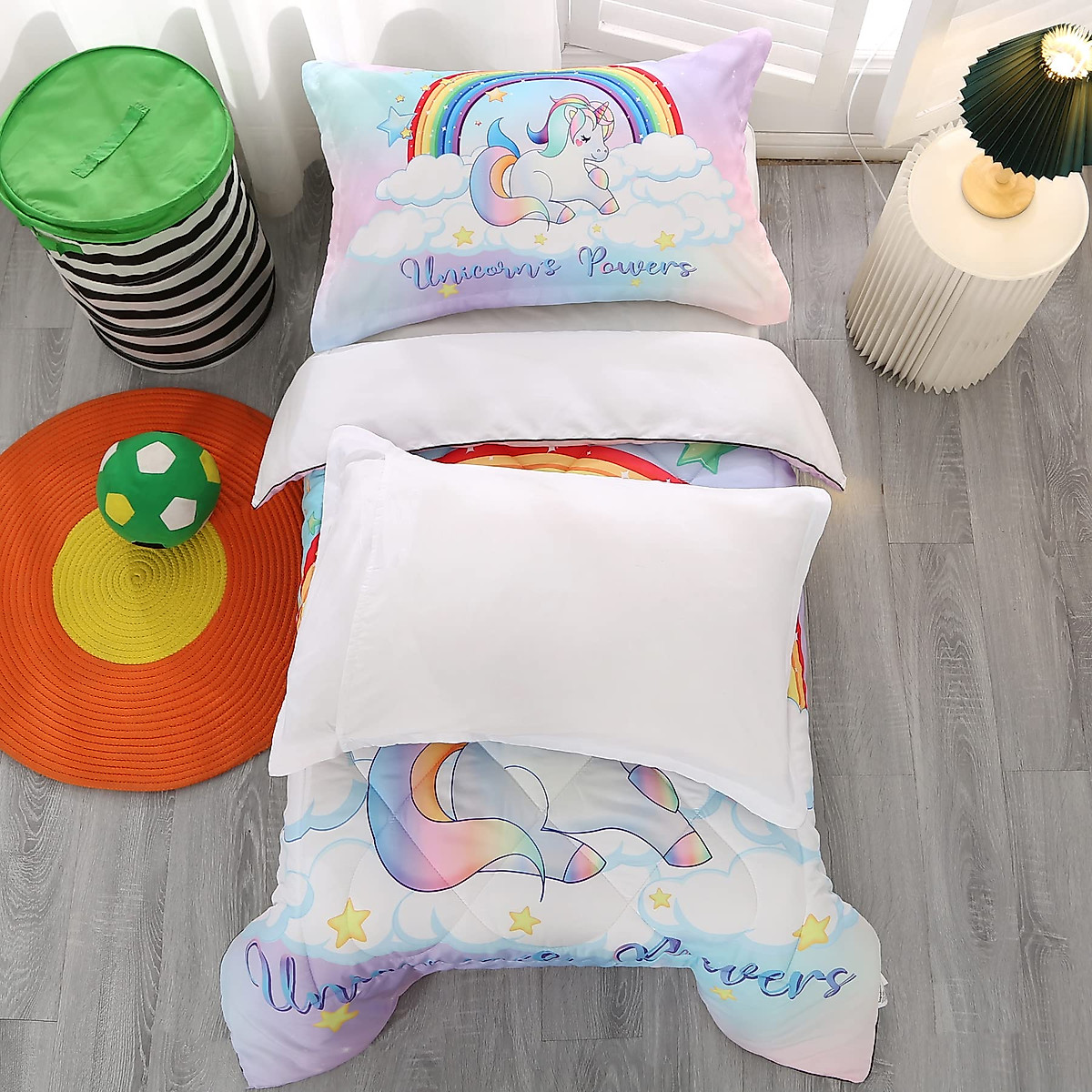 KINBEDY Unicorn Toddler Bedding Set Rainbow Soft Breathable Polyester Nursery Comforter with 2 Pillowcases for Baby Girls and Boys,Lavender