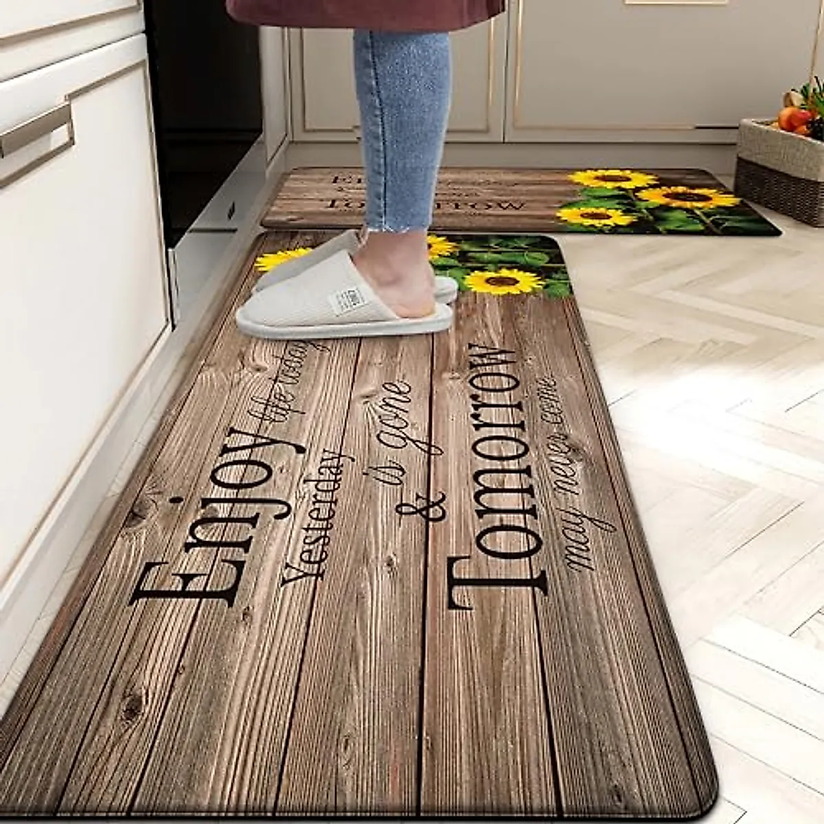 Yellow Sunflower Kitchen Rugs Farmhouse Kitchen Mats for Floor 2 Piece Anti Fatigue Kitchen Mat Set Thick Memory Foam Cushioned Kitchen Rug Set for Sink Laundry Room, 17.3x28+17.3x47 inch